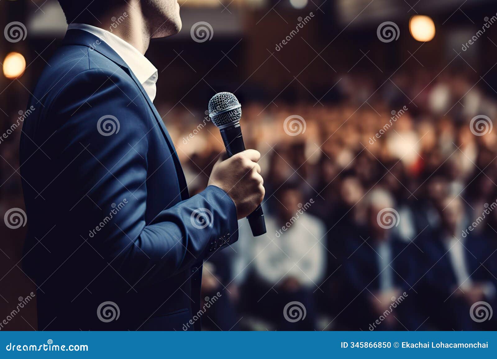 Dynamic Public Speaking Speaker Man Engages Audience with Microphone on ...