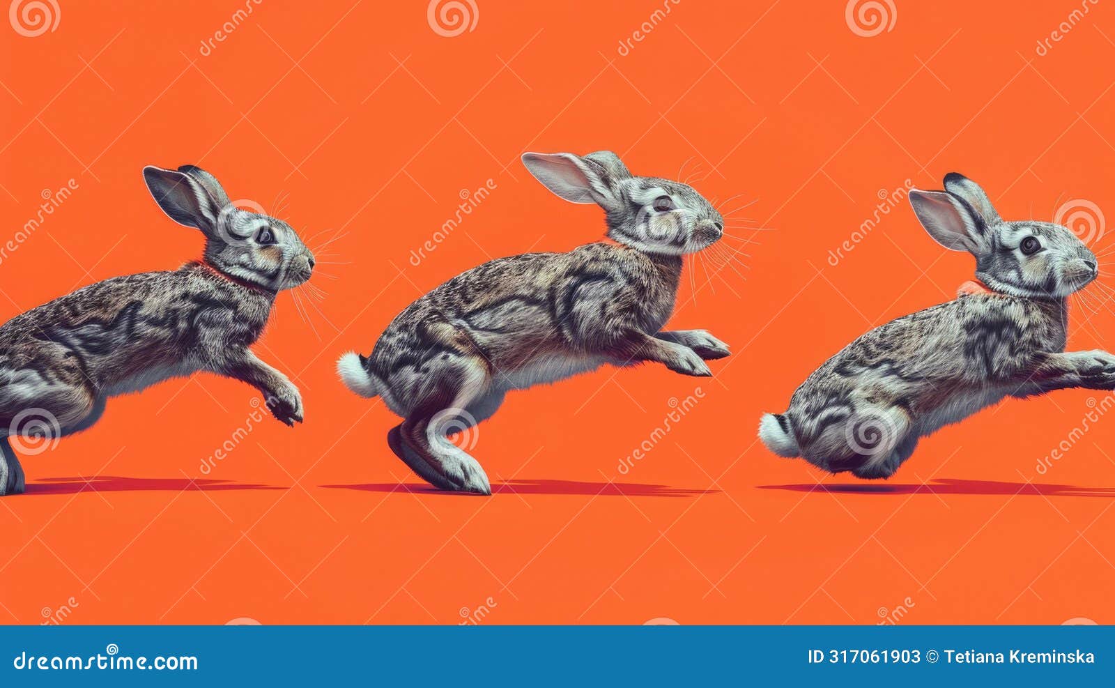 Dynamic Rabbits in Motion Against a Vivid Orange Abstract Background ...