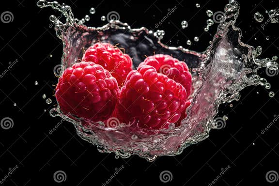 Dynamic Raspberry Splash: Raspberry on a Dark Background with Water ...