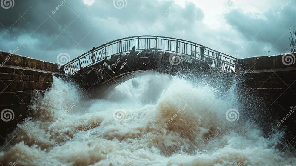 Dynamic River Flows Beneath an Ancient Bridge. the Force of Nature is ...