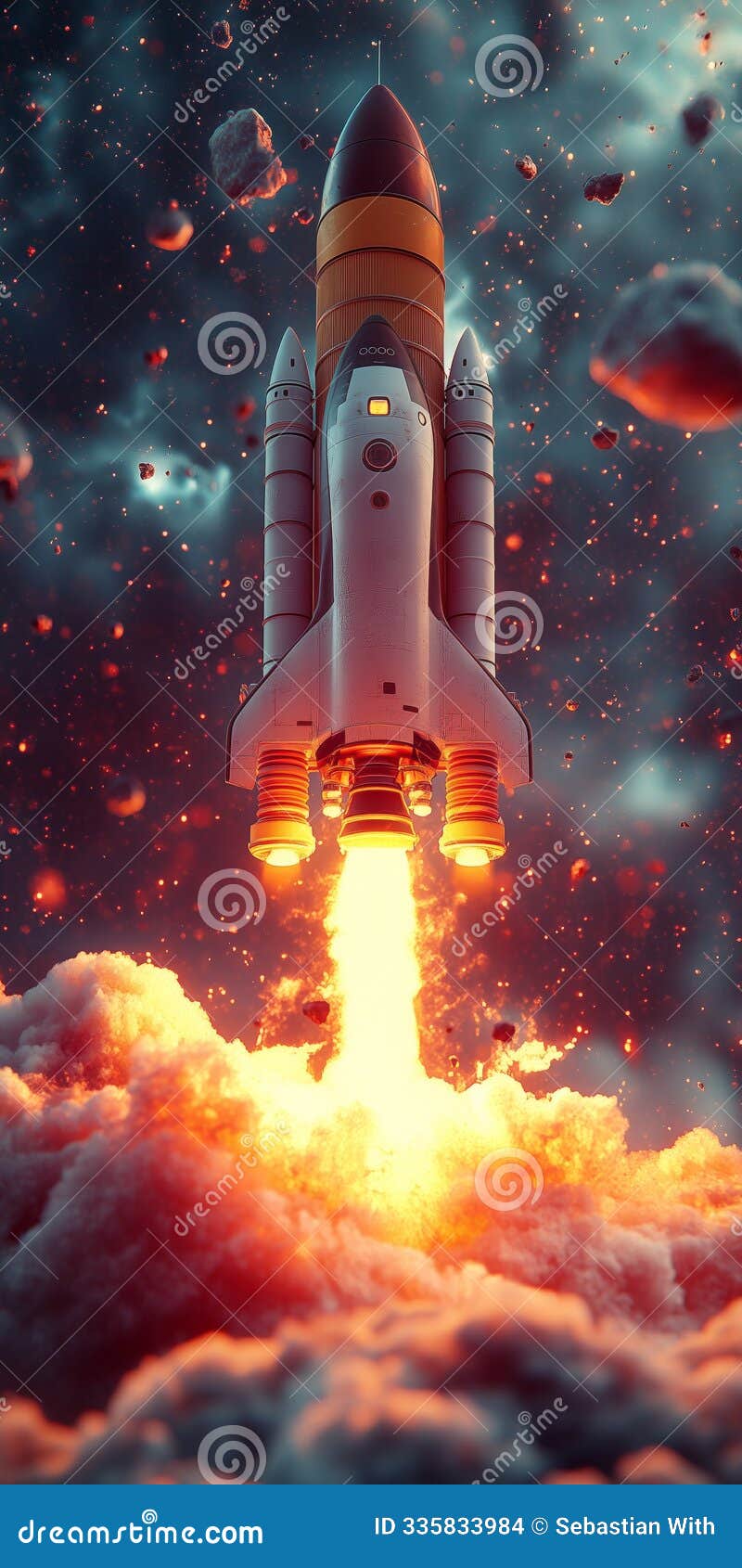 A Dynamic Rocket Launch Against a Cosmic Background of Clouds and Stars ...