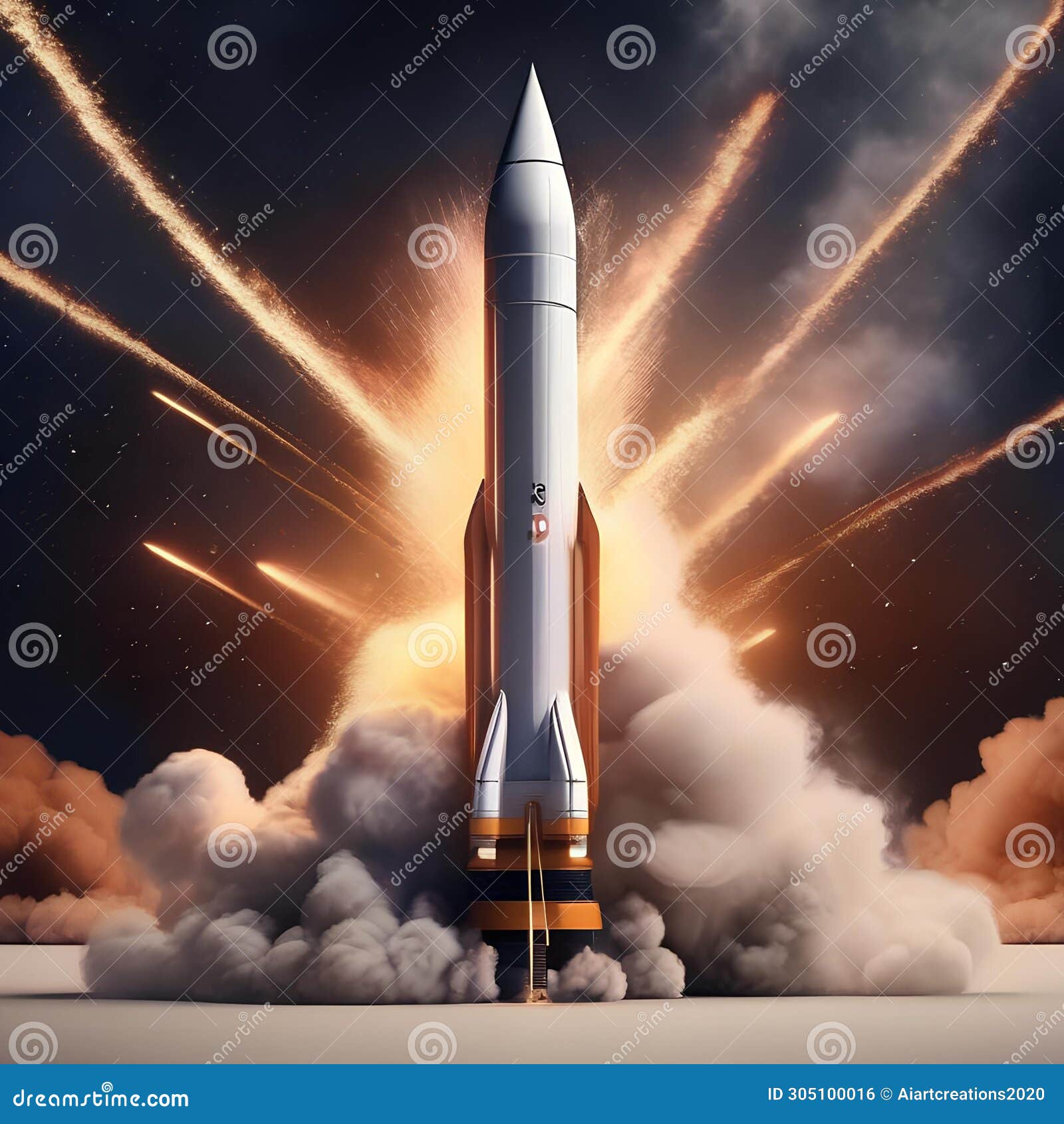 Dynamic Rocket Launch with Flames and Smoke Against a Starry Sky ...