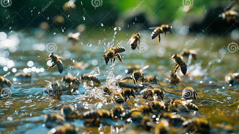 Bees Hovering Over Water, Creating Splashes Stock Illustration ...