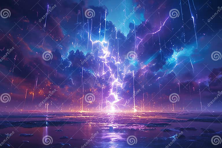 Dynamic Scene Captured in 3D Rendering, Showcasing Colorful Lightning ...
