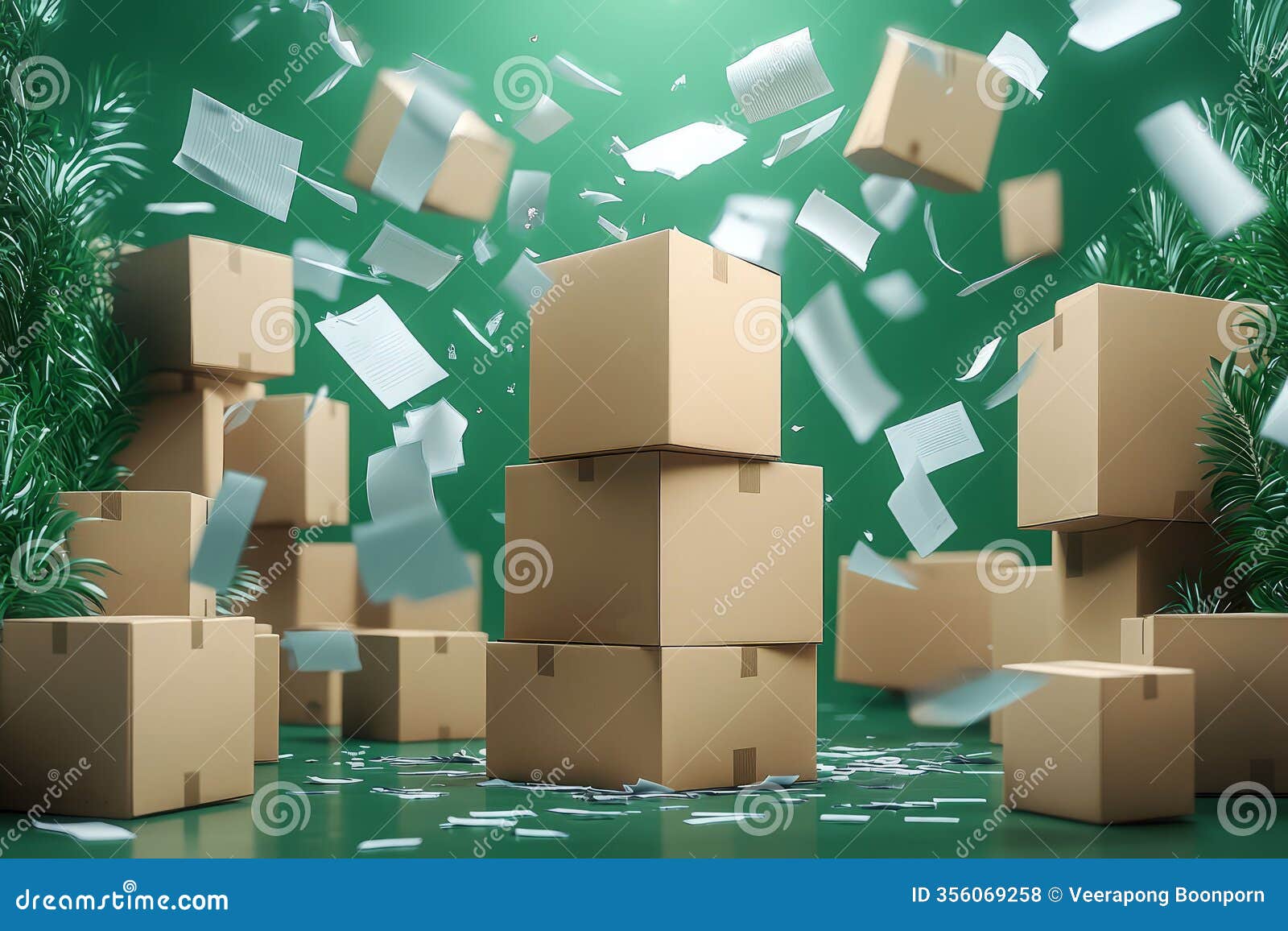 A Dynamic Scene of Falling Boxes and Flying Papers on a Vibrant Green ...