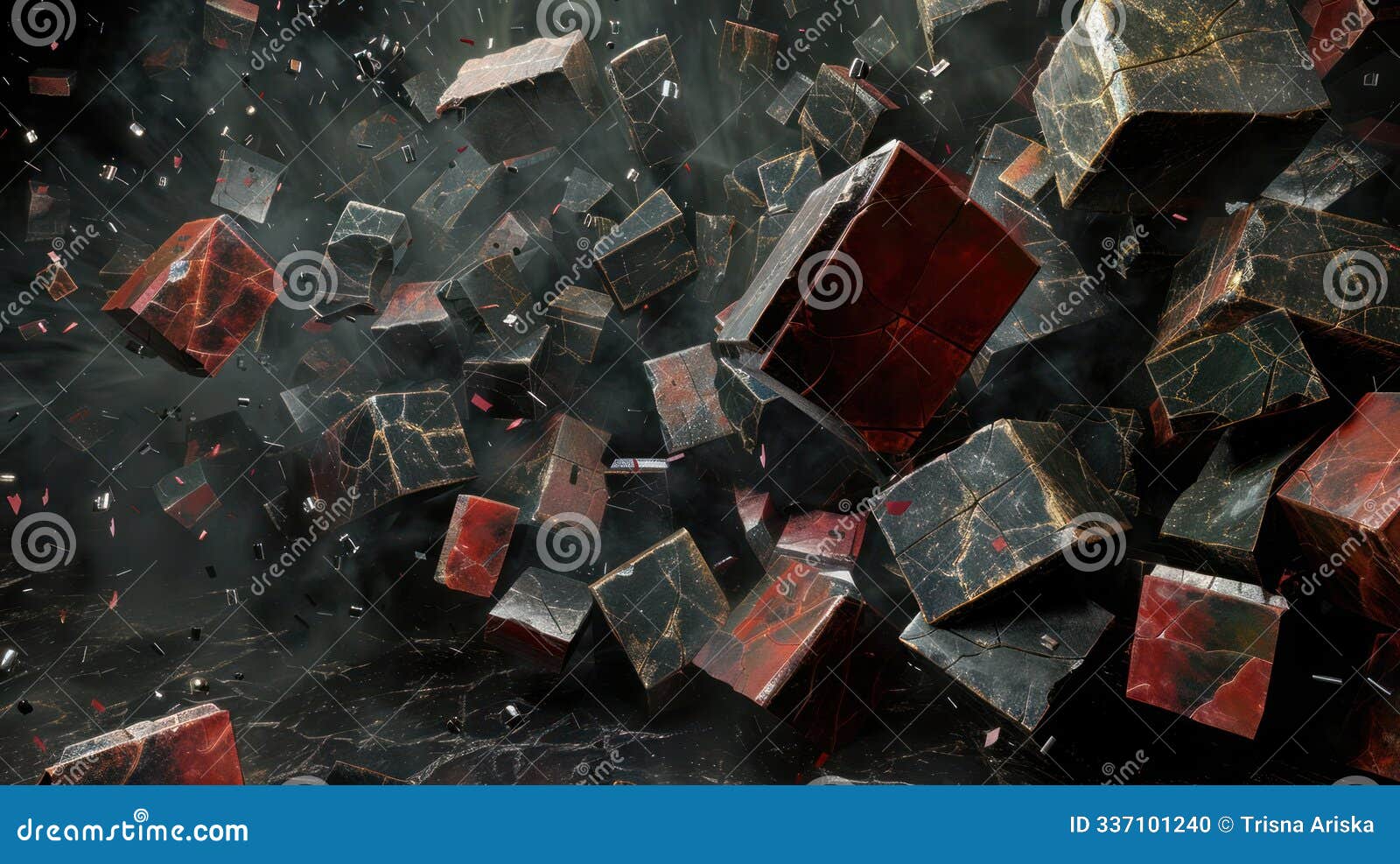 A Dynamic Scene Featuring Floating, Fragmented Cubes with a Dark, Smoky Background Stock ...