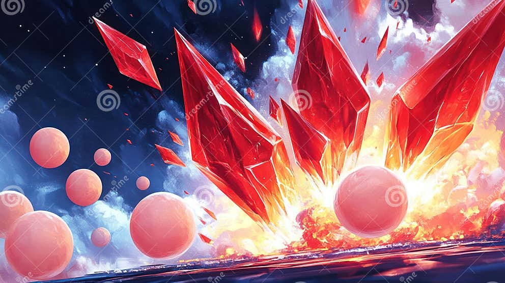A Dynamic Scene Featuring Red Crystals Exploding Amidst Soft Pink ...