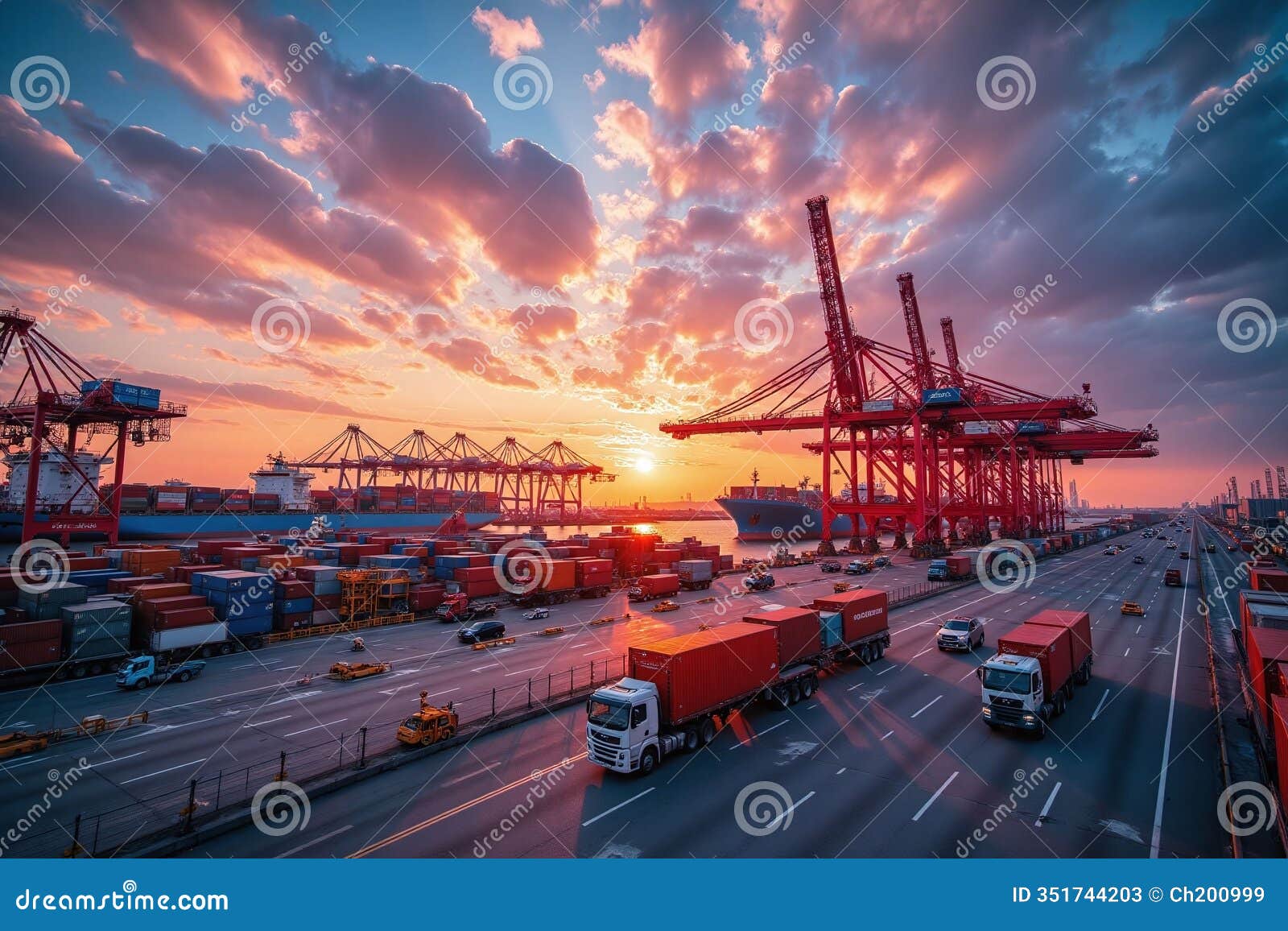 Dynamic Scene Industrial Activity Port Cargo Ships Cranes Skybreak ...