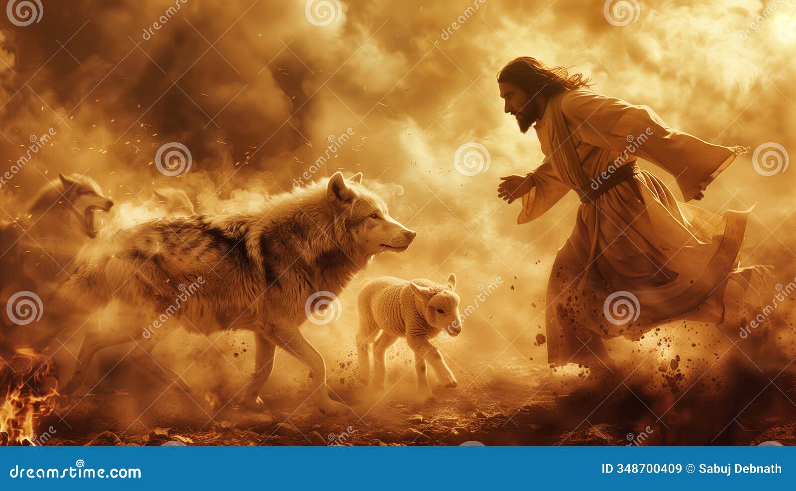 A Dynamic Scene of Jesus Running Towards a Wolf a Stock Illustration ...