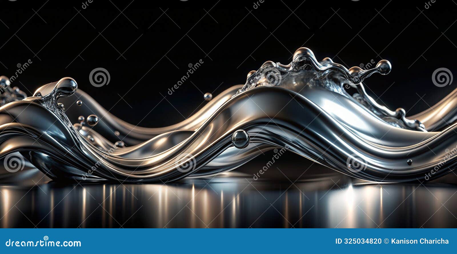 A Dynamic Scene of Liquid Mercury Creating Large Undulating Waves on Black Gradient Background ...