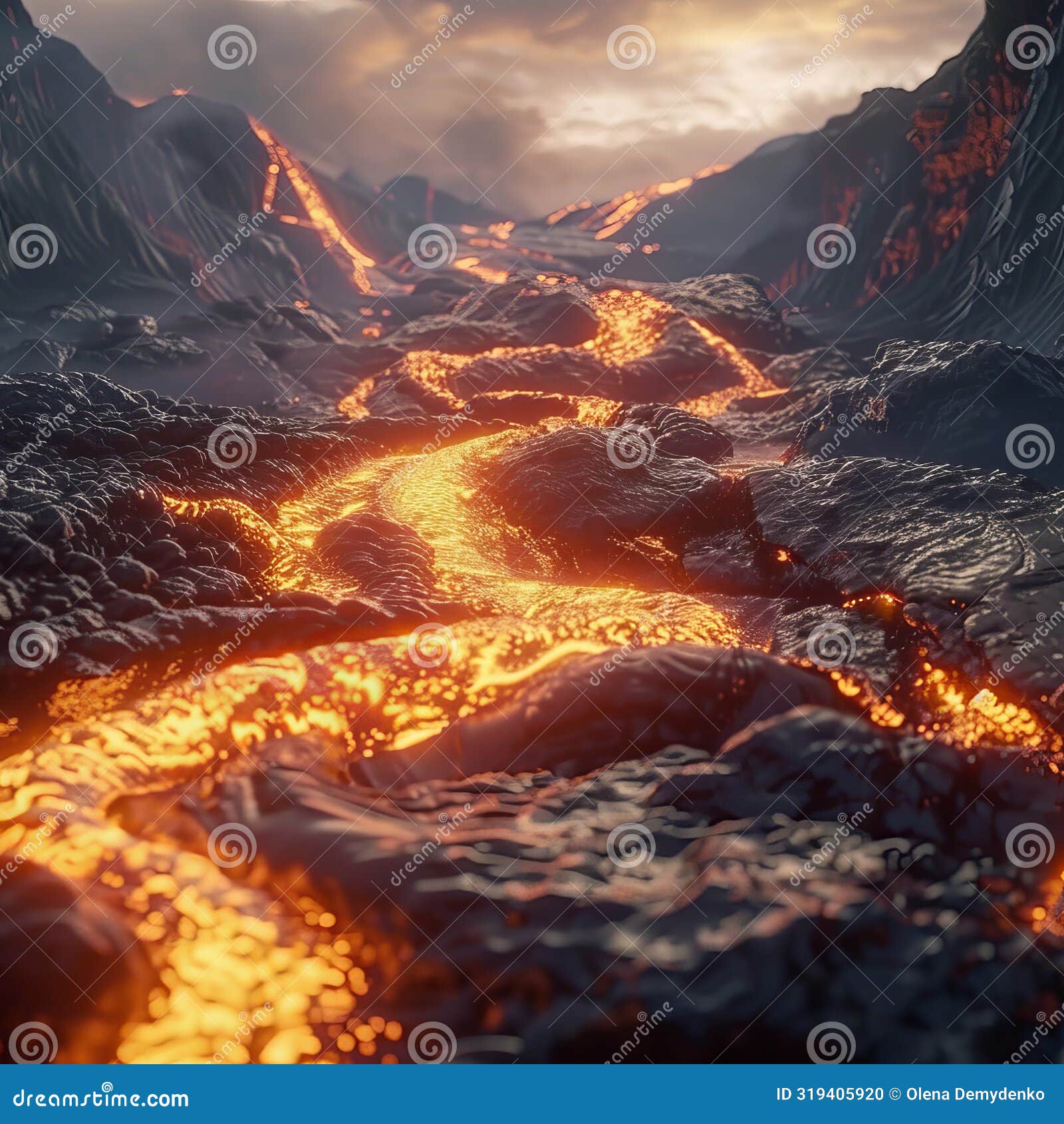 A Dynamic Scene of Molten Lava Flowing through the Rugged Terrain of a ...