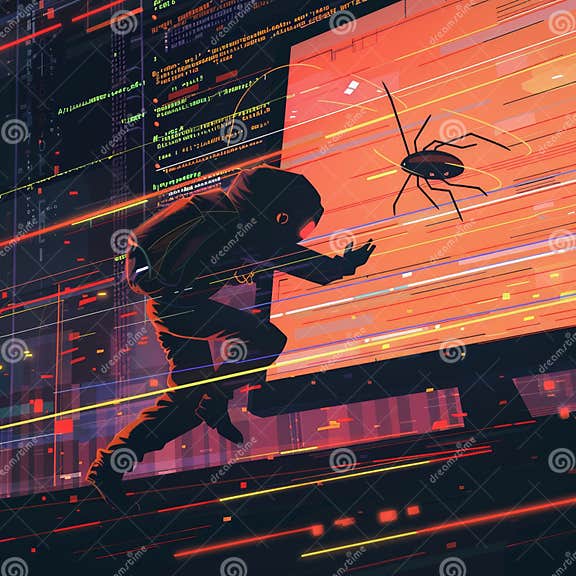 A Dynamic Scene Of A Programmer Chasing After A Literal Bug Sprinting Across Lines Of Code On A