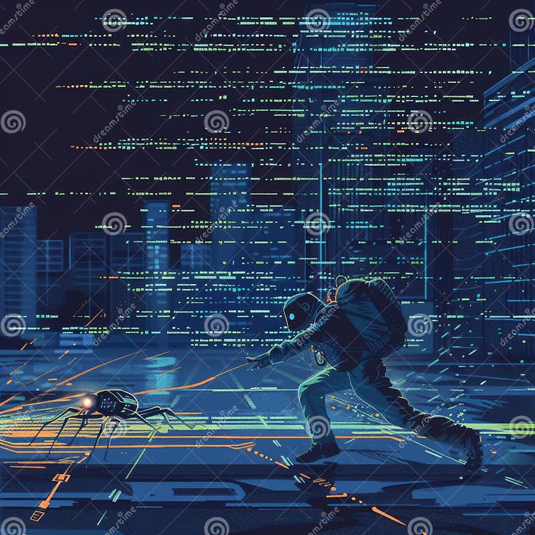 A Dynamic Scene Of A Programmer Chasing After A Literal Bug Sprinting Across Lines Of Code On A