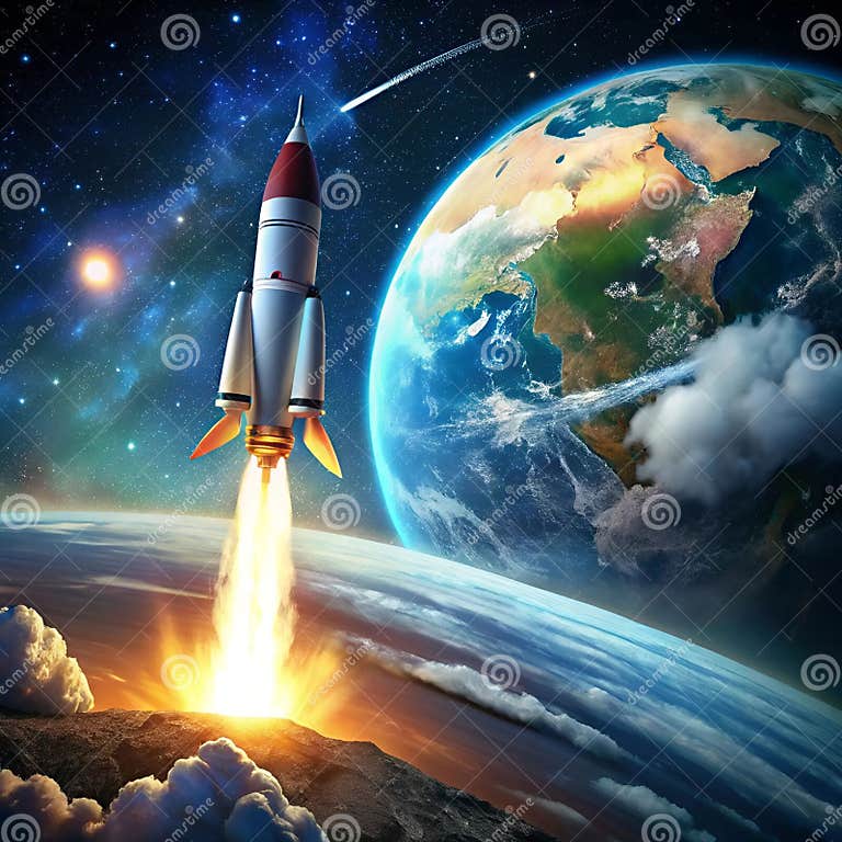 A Dynamic Scene of a Rocket Launching into Space with Earth in the ...