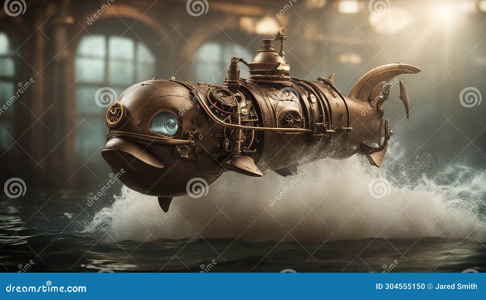 A Dynamic Scene of a Steampunk Dolphin Fish, with Wires, Propellers ...