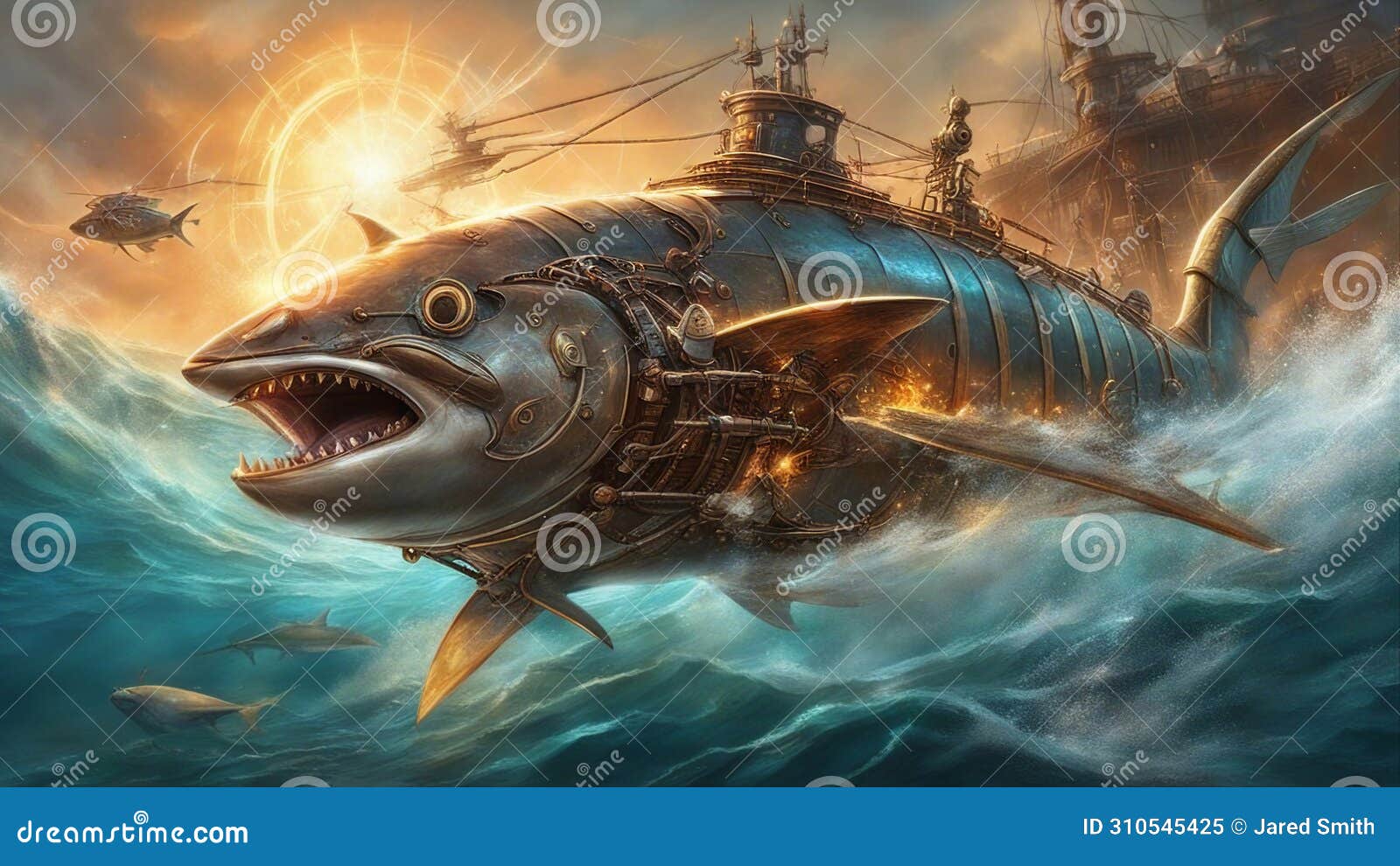 A Dynamic Scene of a Steampunk Tuna Fish, with Wires, Propellers, and ...