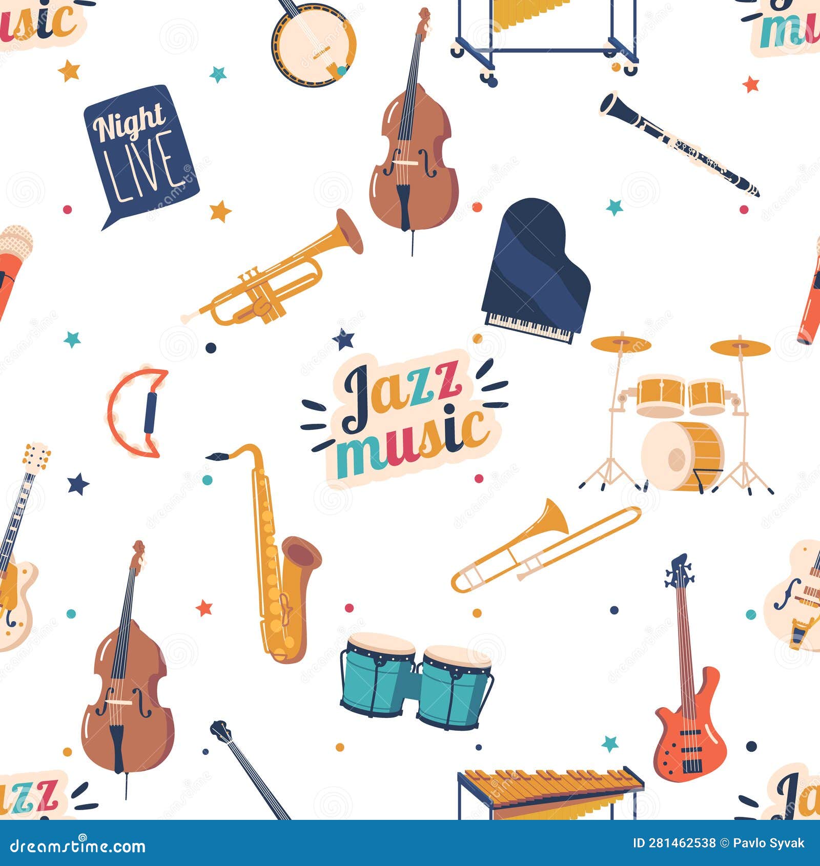 Dynamic Seamless Pattern Featuring an Assortment of Jazz Instruments ...