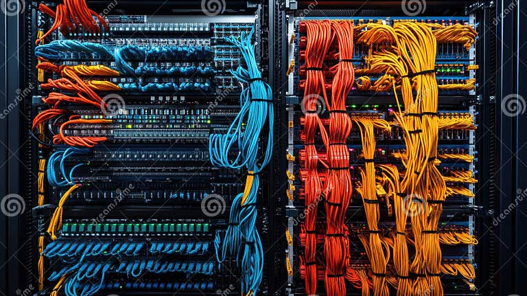 Dynamic Server Rack Setup with Vibrant Cables Stock Illustration ...