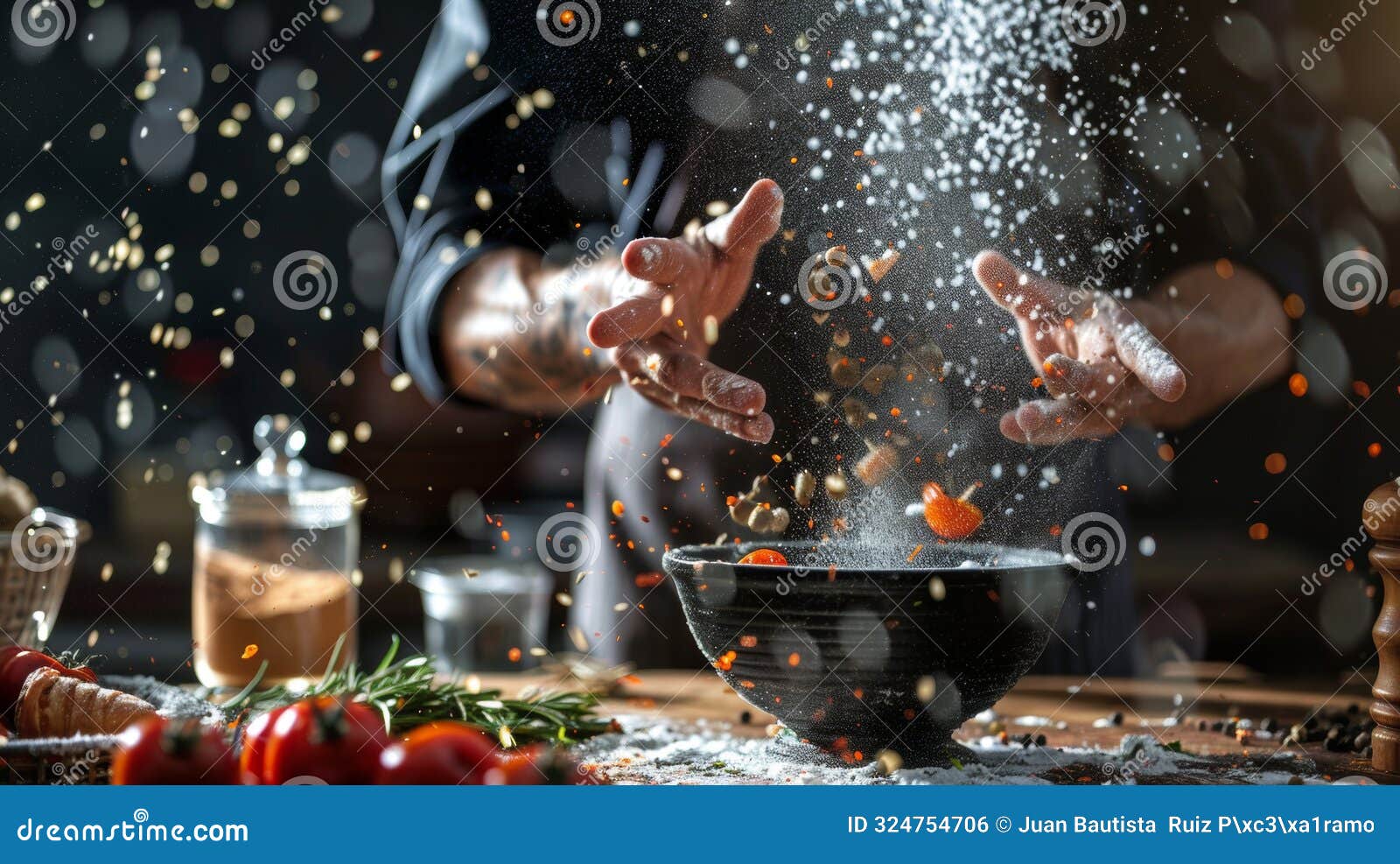 Chef Throwing Ingredients into a Bowl with Dramatic Effect Stock Photo ...