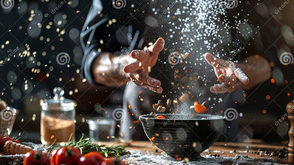 Chef Throwing Ingredients into a Bowl with Dramatic Effect Stock Photo ...