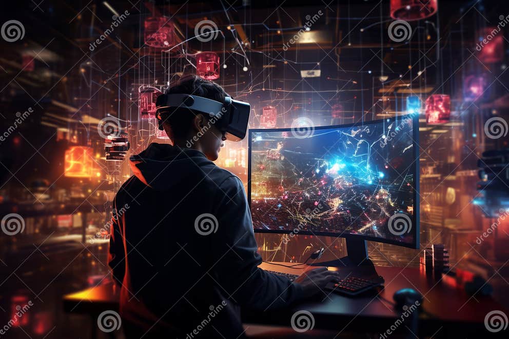 Dynamic Shot of Programmer in Virtual Reality Coding Stock Illustration ...