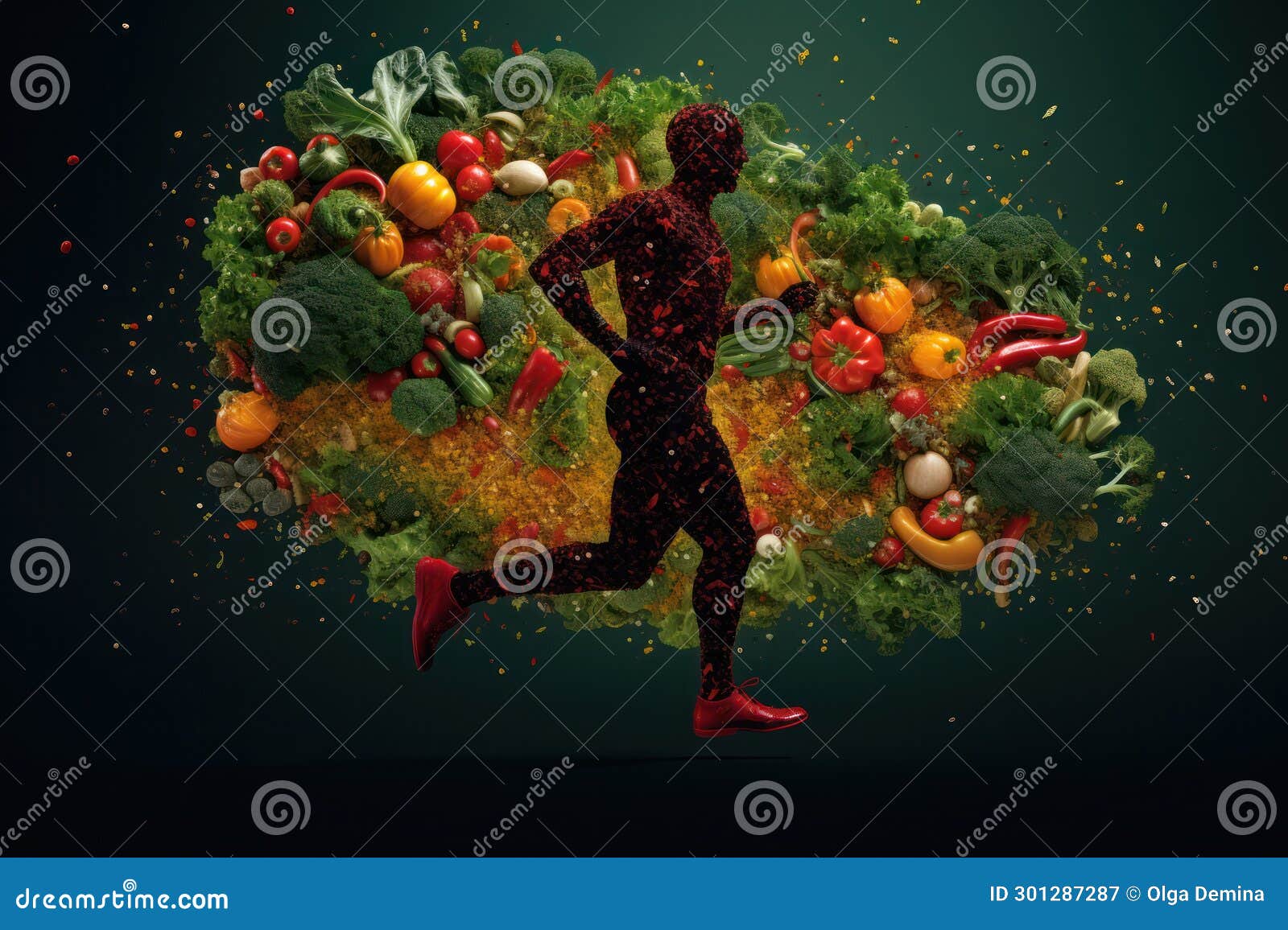 Dynamic Silhouette of a Runner Composed of Vegetables and Fruits ...