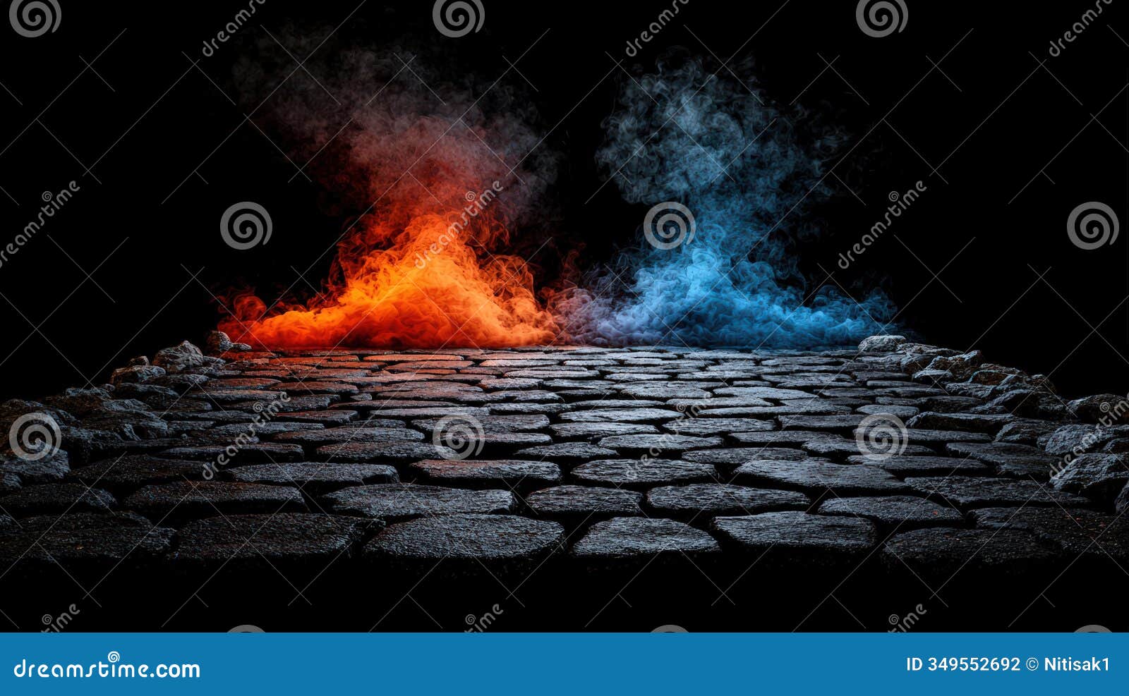 Dynamic Smoke Effect with Orange and Blue on Cobblestone Pathway Black ...