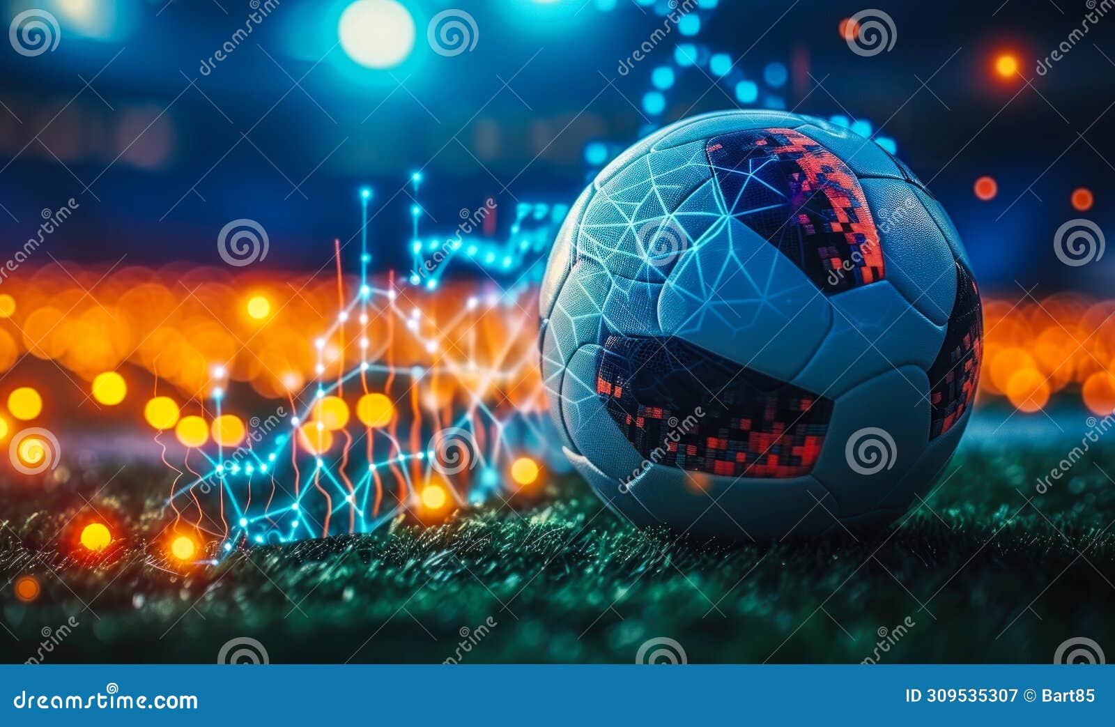 Dynamic Soccer Ball on Field with Digital Analysis Graphics, Depicting ...