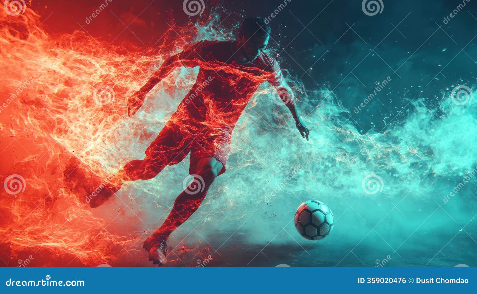 Dynamic Soccer Player Kicking Ball with Intense Action and Fiery ...