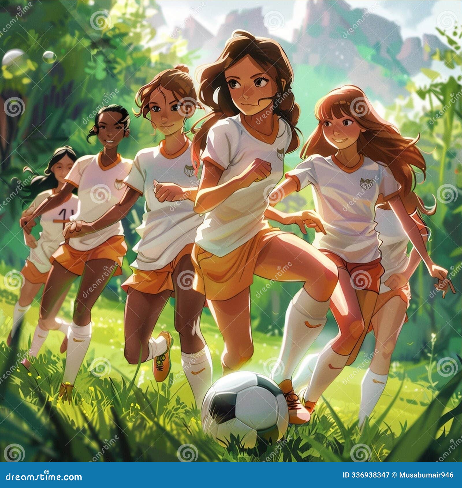 Dynamic Soccer Team of Young Girls in Action Stock Illustration ...