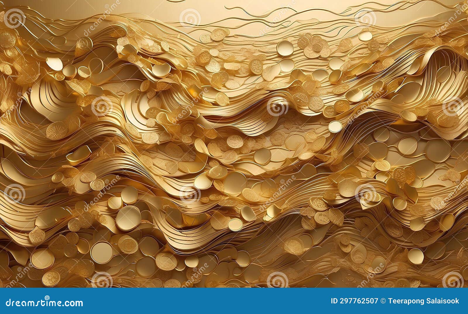 A Dynamic Softly Golden Waves with Golden Coins Stock Illustration ...