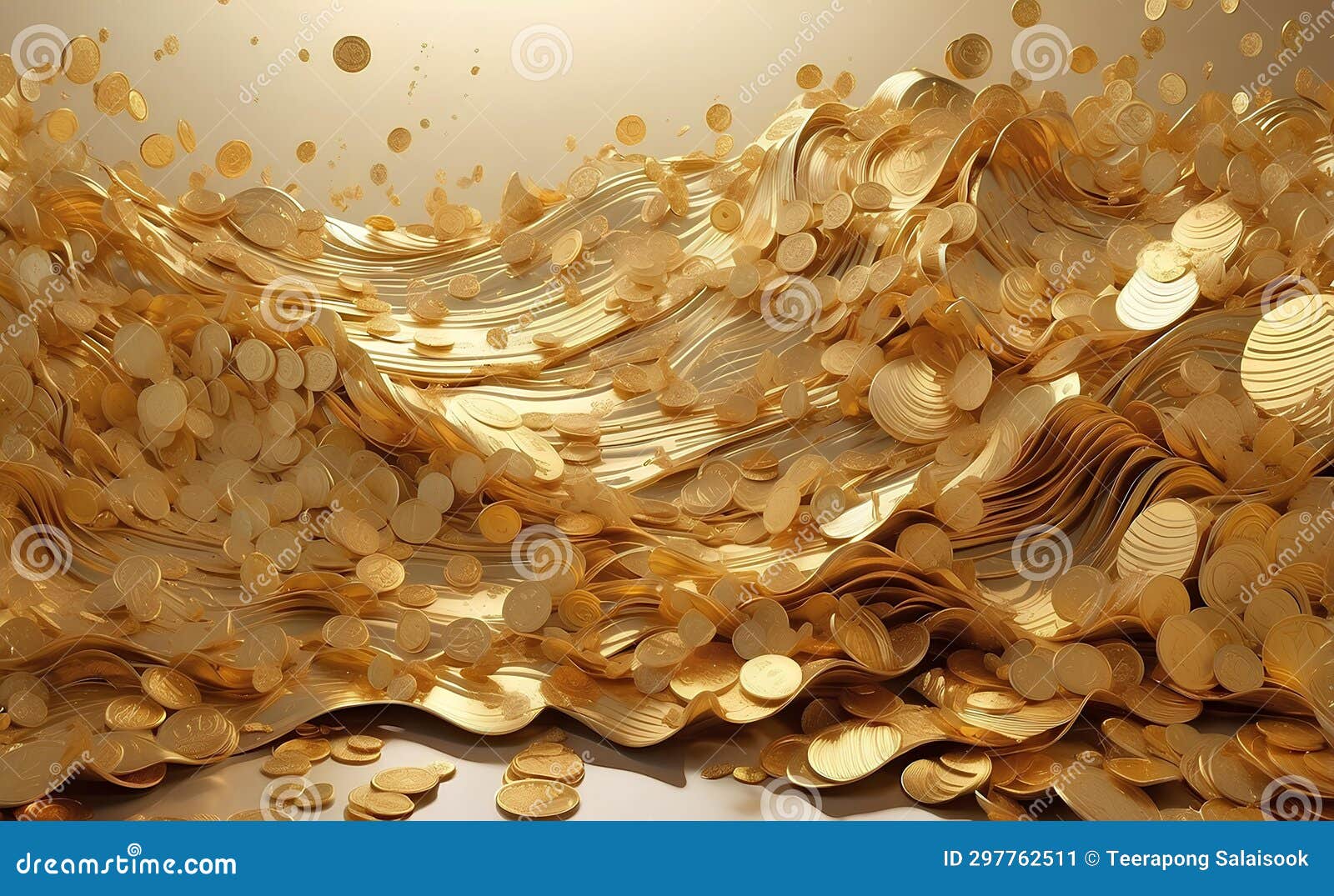 A Dynamic Softly Golden Waves with Golden Coins Stock Illustration ...