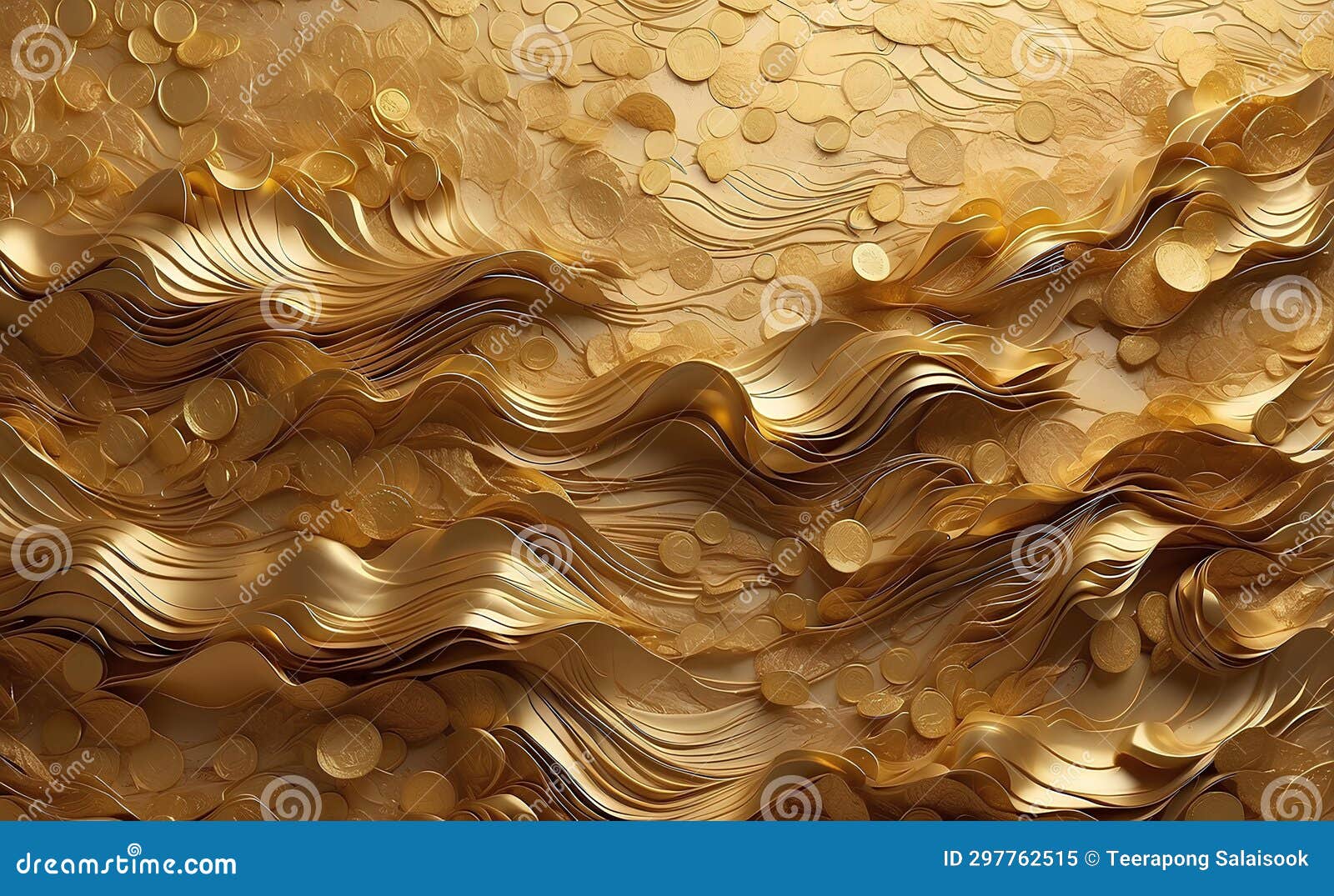 A Dynamic Softly Golden Waves with Golden Coins Stock Illustration ...