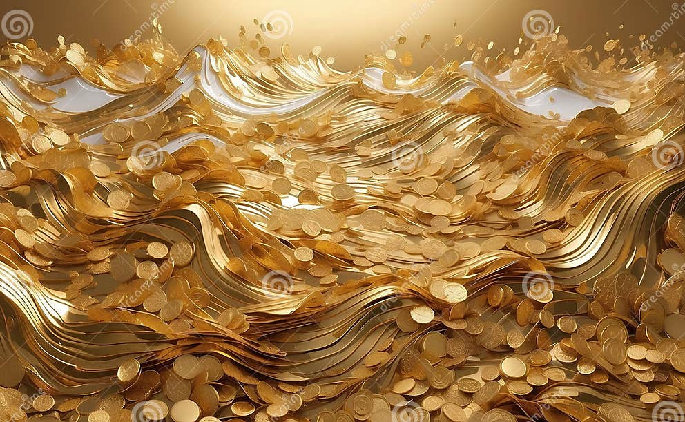 A Dynamic Softly Golden Waves with Golden Coins Stock Illustration ...