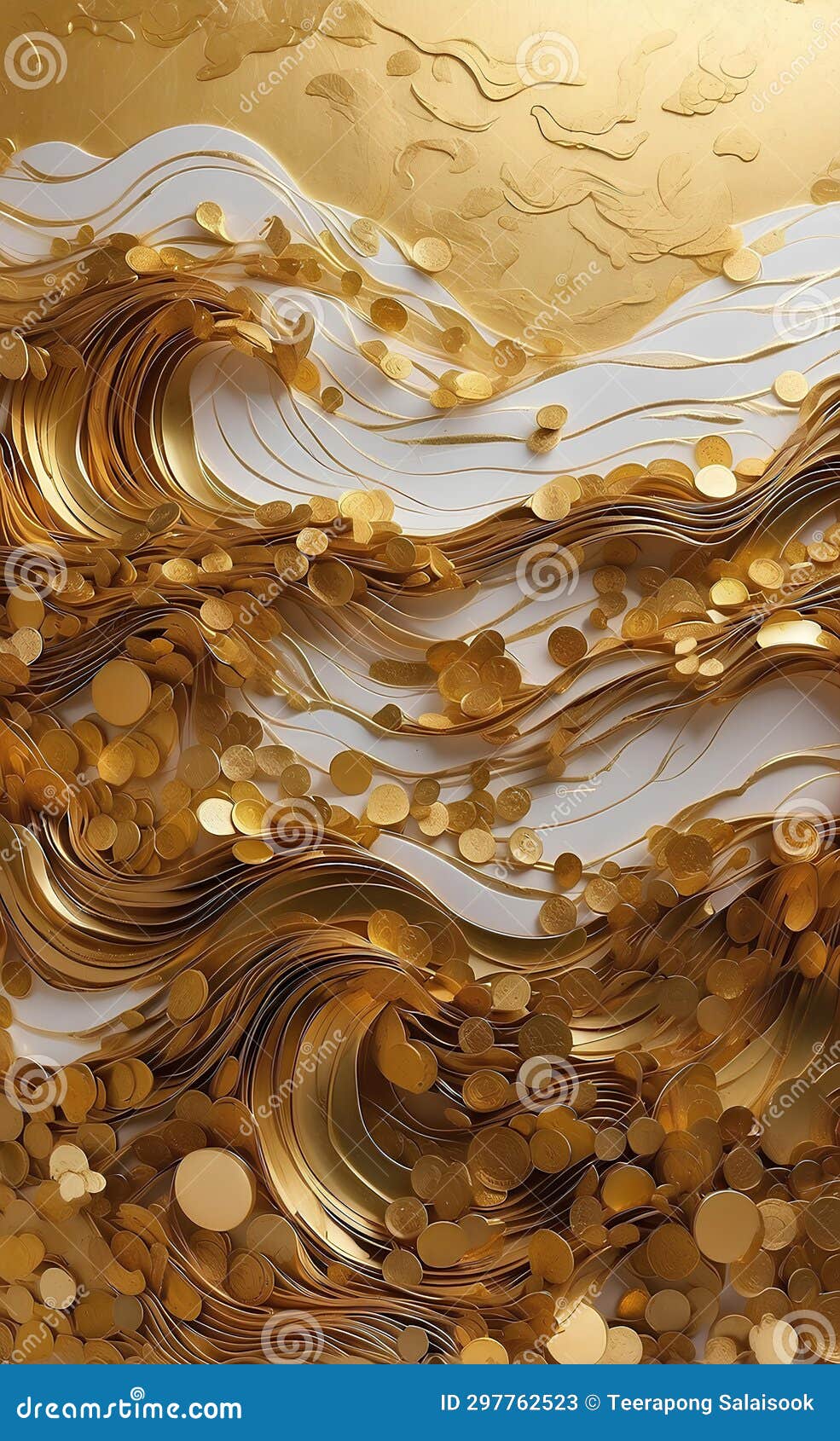 A Dynamic Softly Golden Waves with Golden Coins Stock Illustration ...