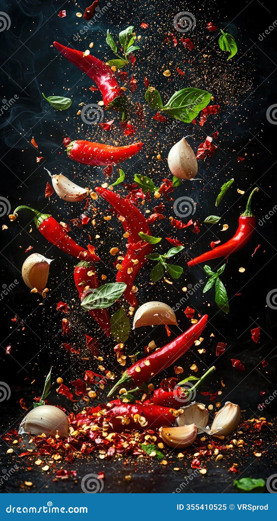 Dynamic Splash of Chili Peppers and Garlic Stock Image - Image of ...