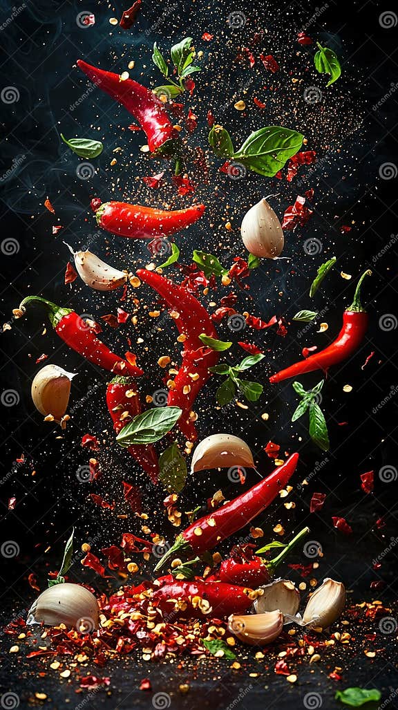 Dynamic Splash of Chili Peppers and Garlic Stock Image - Image of ...