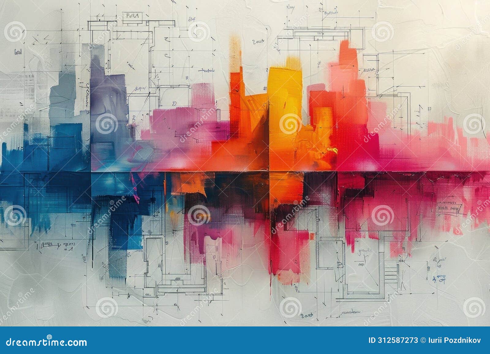 Dynamic Splash of Colors Abstract Painting with Blueprint Overlays Stock Image - Image of ...