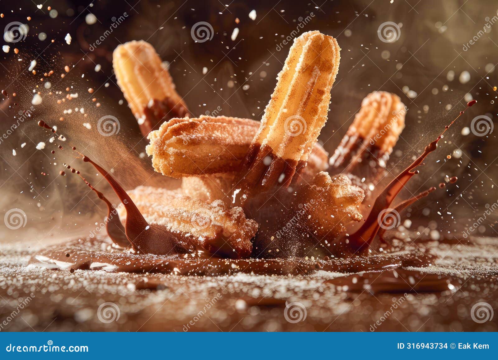 Dynamic Splash in Hot Chocolate with Falling Churros and Sugar Dust on ...