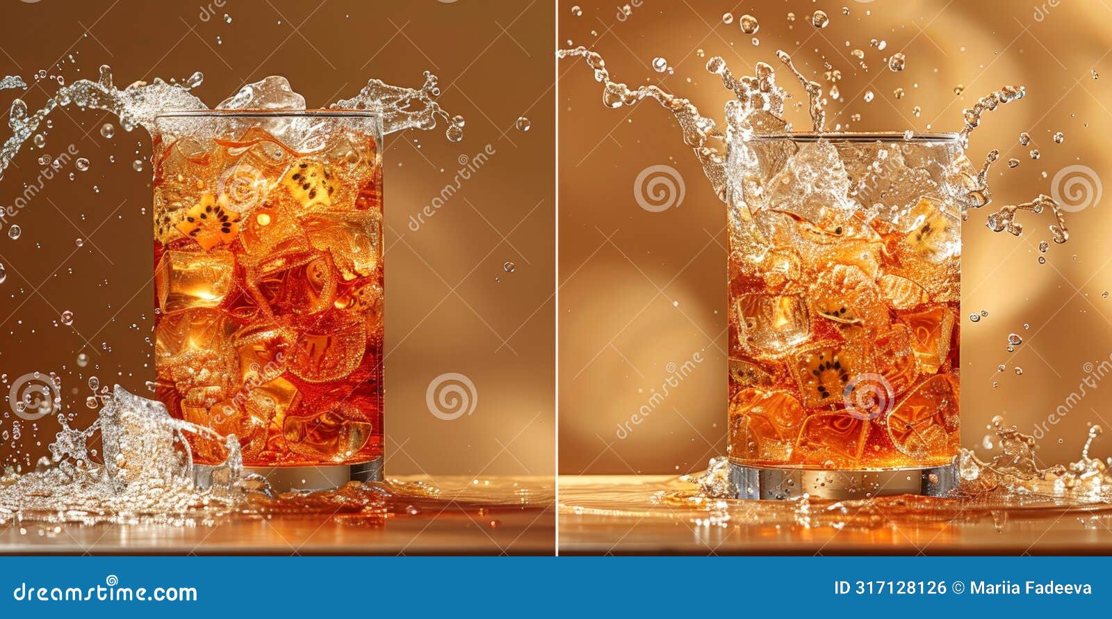 Dynamic Iced Tea Cocktail With Splashing Action On Golden Backdrop ...