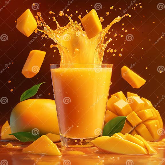 Dynamic Splash of Mango Juice with Flying Mango Cubes Stock ...