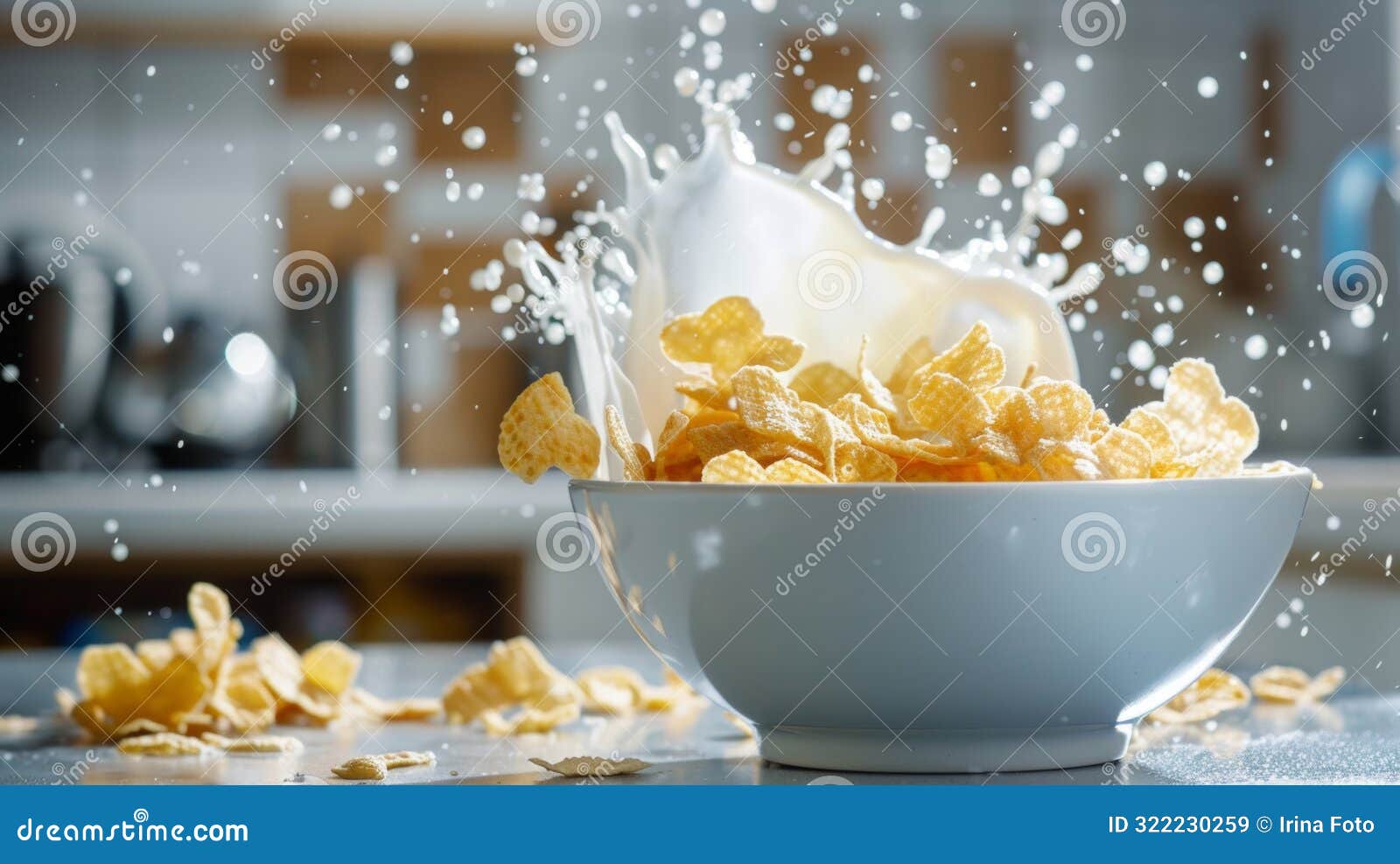 Dynamic Splash of Milk in a Bowl of Cornflakes, Well-lit Stock Image ...
