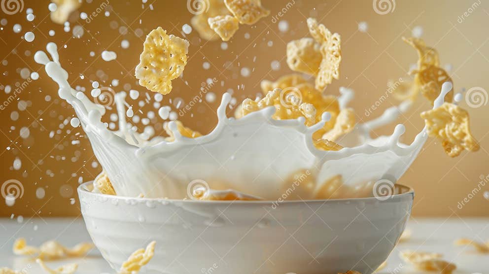 Dynamic Splash of Milk in a Bowl of Cornflakes, Well-lit Stock Photo ...