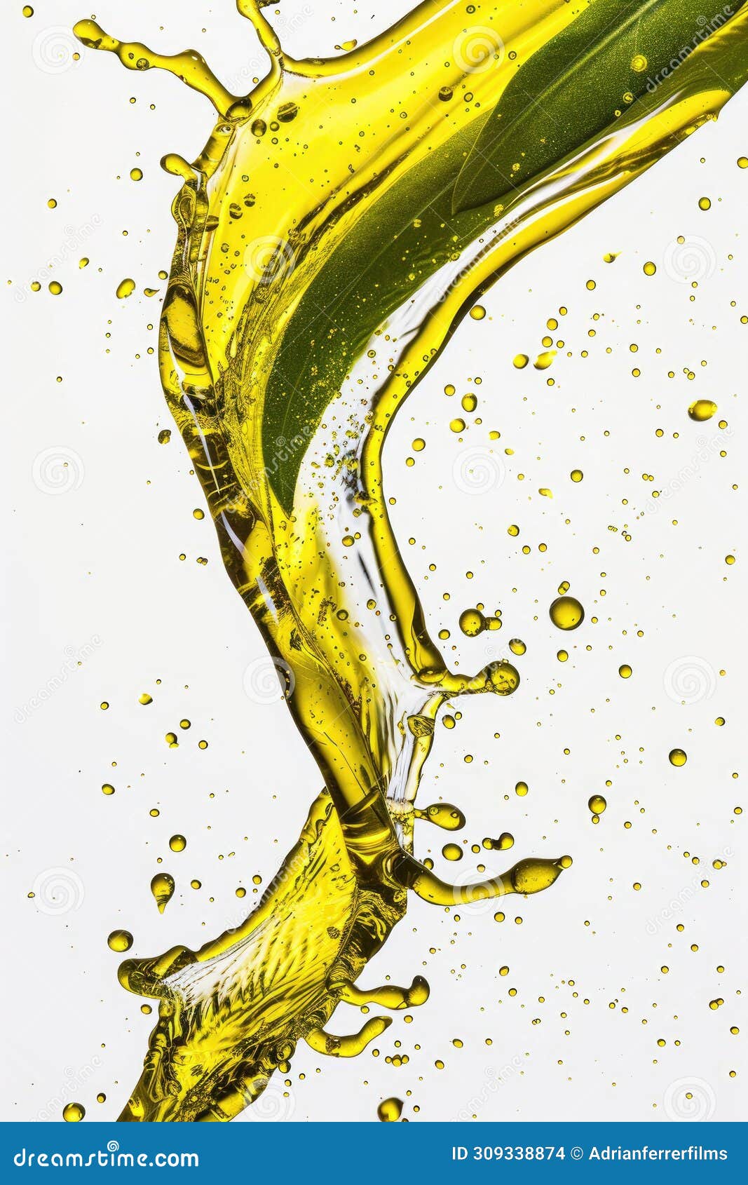Dynamic Splash of Olive Oil with a Streaking Flow and Green Leaves on a ...