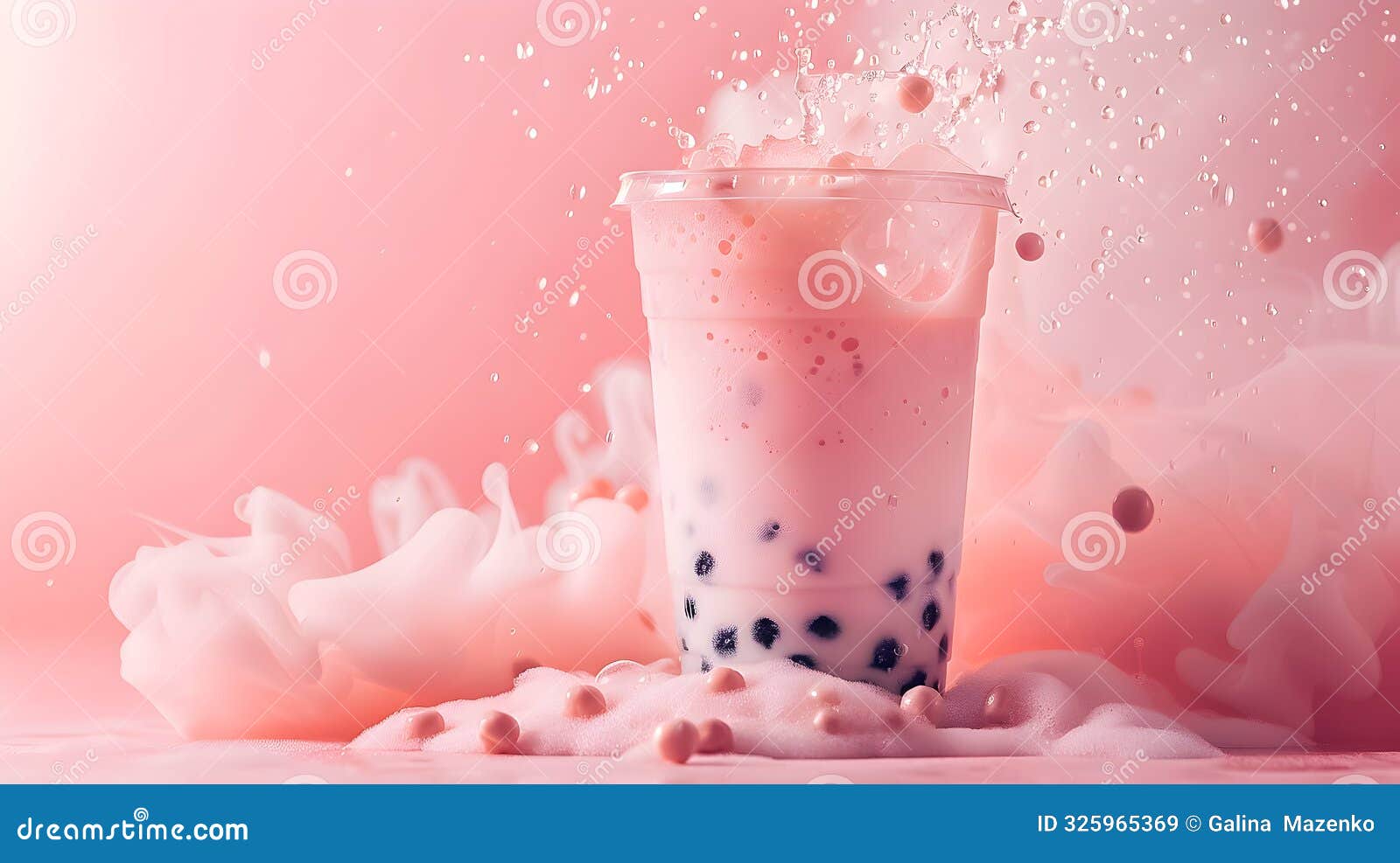A Dynamic Splash of Pink Milk Tea with Tapioca Pearls Exploding Out of ...