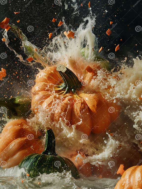 Dynamic Splash of Pumpkins Bursting in a Dramatic Display of Color and ...