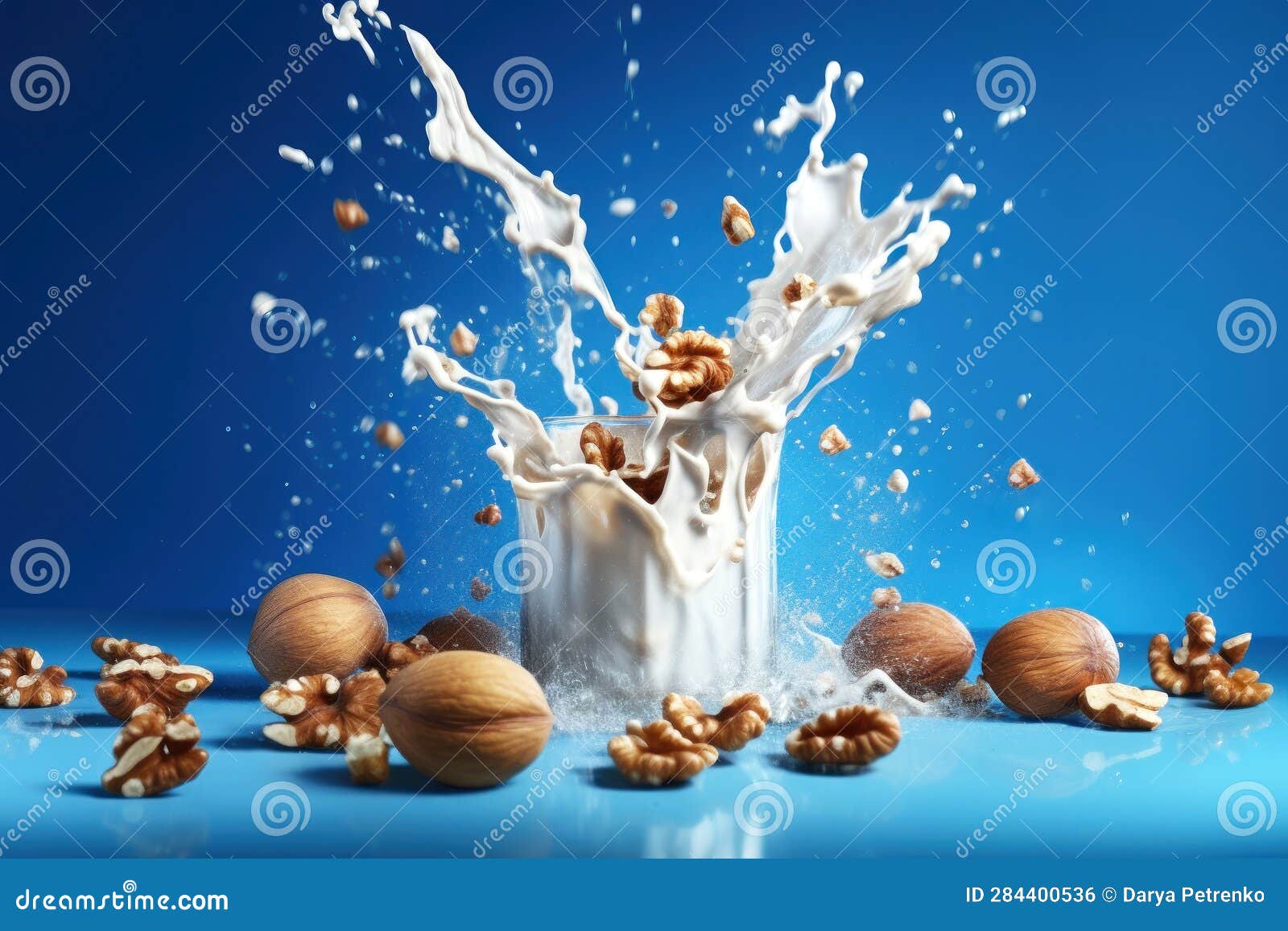 Dynamic Splashes of Milk from Walnuts and Scattered Nuts on a Bright ...
