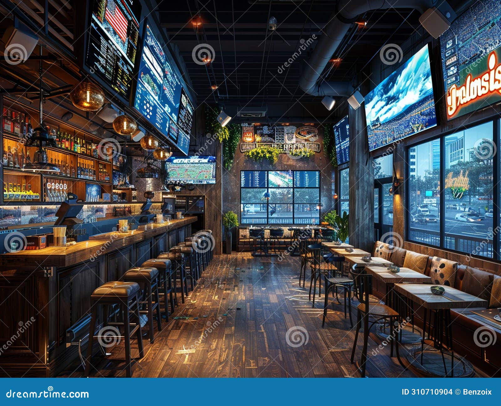 Dynamic Sports Bar with Large Screens and Memorabilia Displays3D Render ...