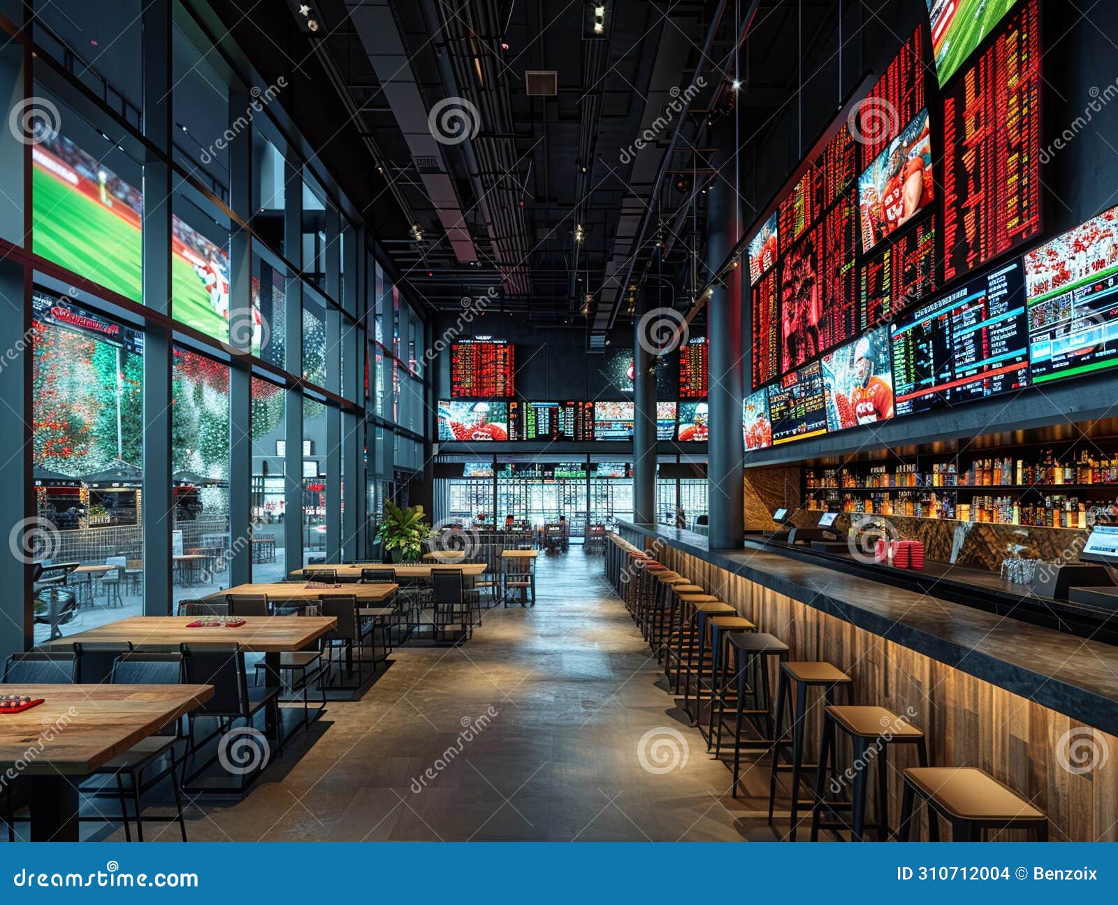 Dynamic Sports Bar with Large Screens and Memorabilia Displays3D Render ...