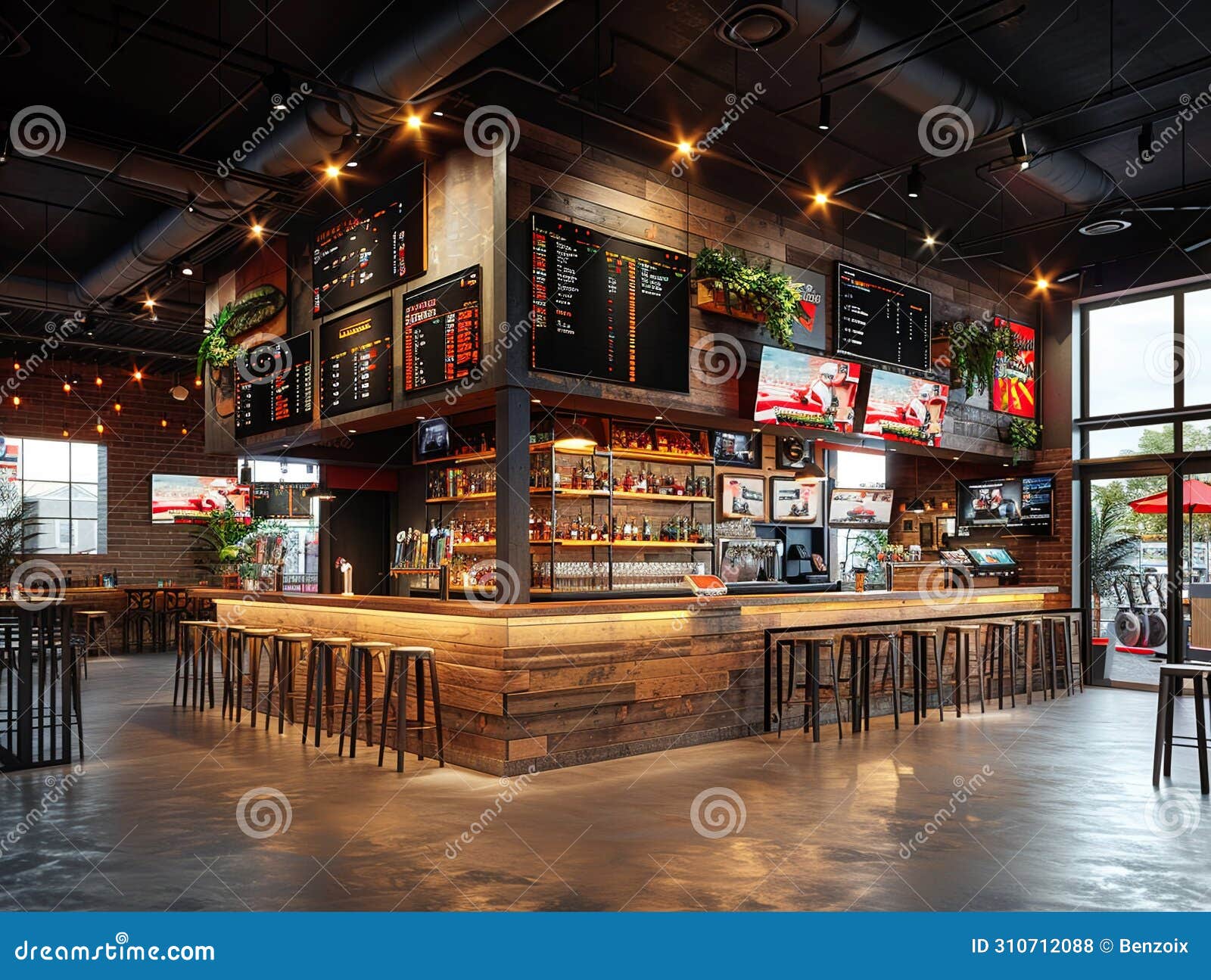 Dynamic Sports Bar with Large Screens and Memorabilia Displays3D Render ...